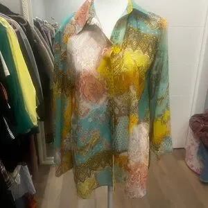 Zara | Tops | Zara Patchwork Print Buttondown Shirt In Teal Yellow Pink ...
